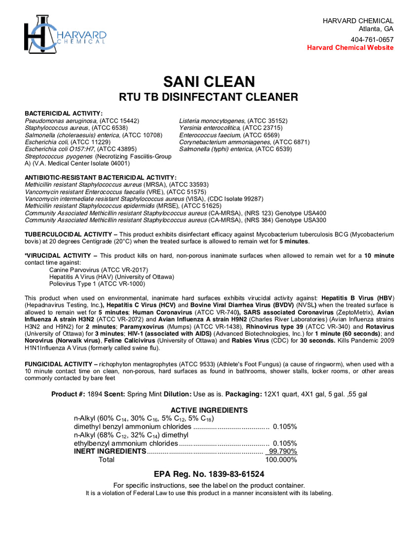 Sani Clean Disinfectant Cleaner EPA Registration# 189-83-61524 — Irby ...